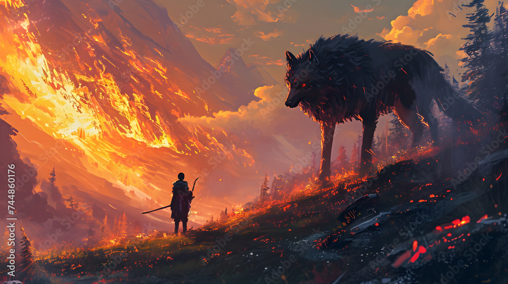 hero fighting with giant wolf, anime style Stock Illustration | Adobe Stock
