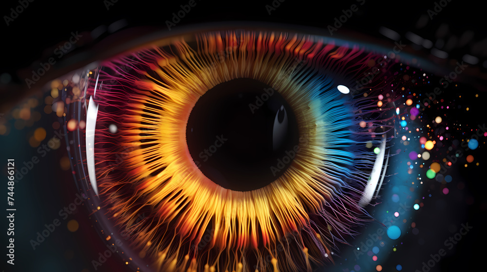 Human eye animation concept with rainbow membrane, rainbow lines after ...
