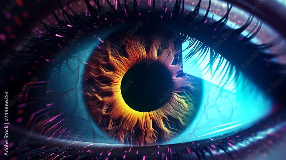 Human eye animation concept with rainbow membrane, rainbow lines after ...