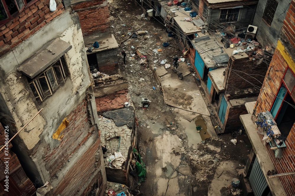 Foto de An aerial perspective of a crowded and disorganized slum area ...