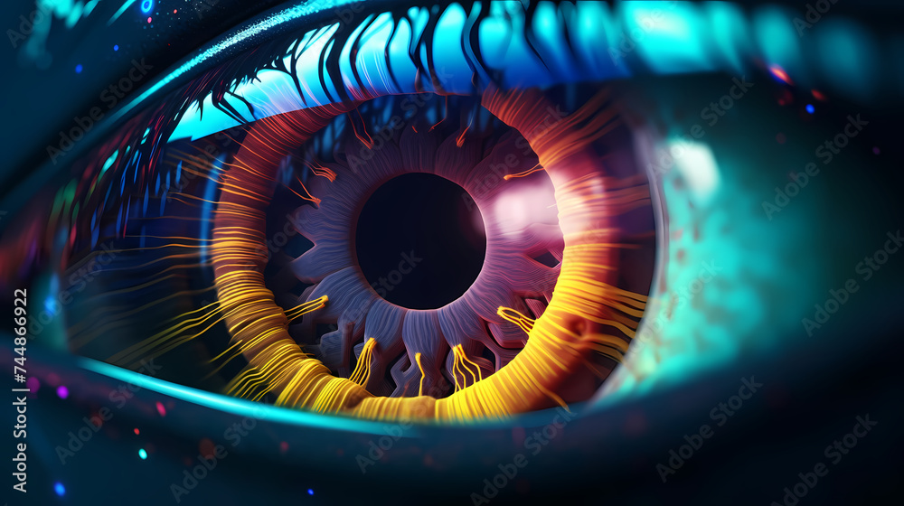Human eye animation concept with rainbow membrane, rainbow lines after ...