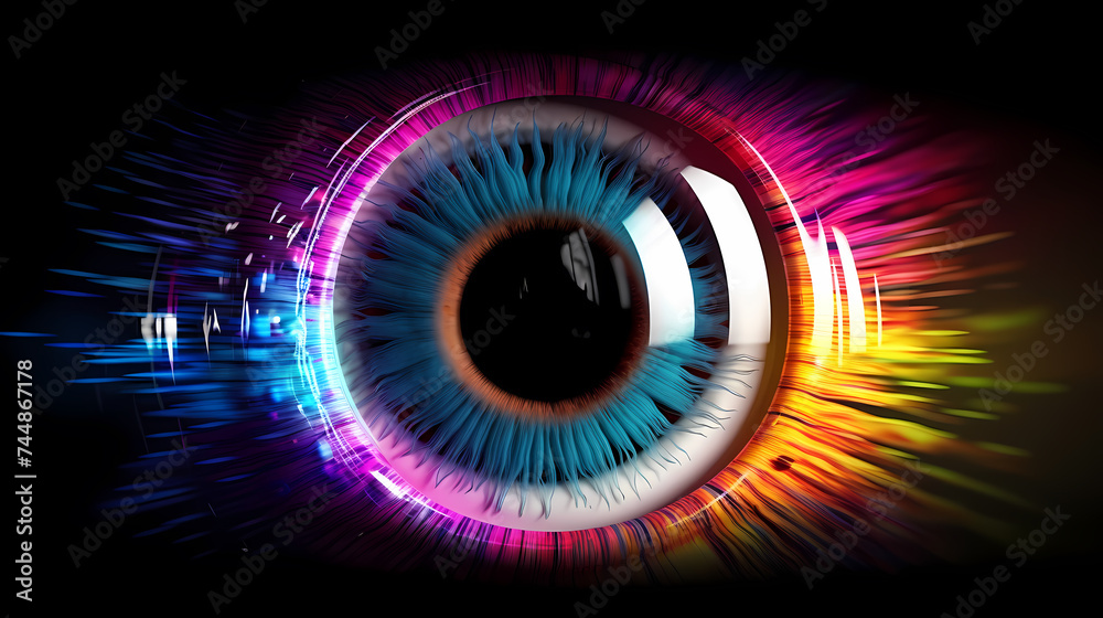 Human eye animation concept with rainbow membrane, rainbow lines after ...
