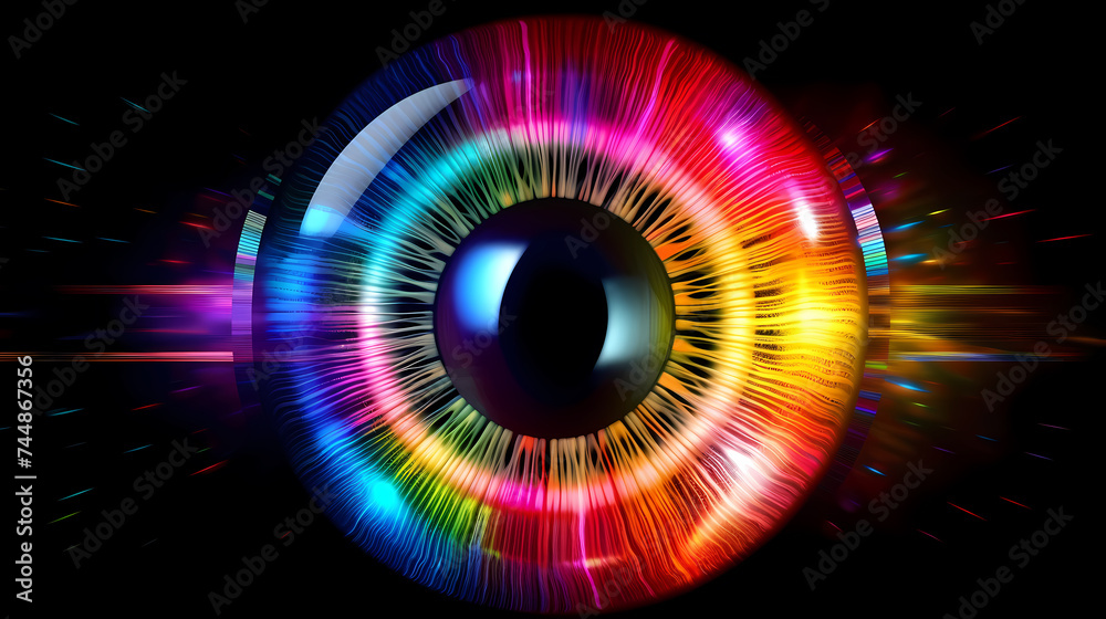 Human eye animation concept with rainbow membrane, rainbow lines after ...
