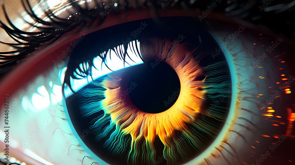 Human eye animation concept with rainbow membrane, rainbow lines after ...