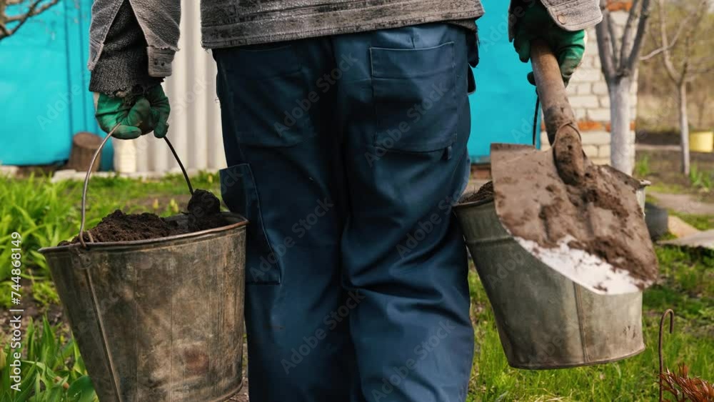 farmer garden works soil, man scooped soil into buckets shovel, male ...