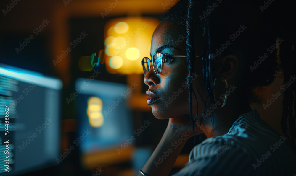 Foto de Side profile of black female IT developer working on computer ...