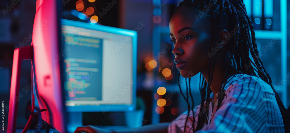 Young black female IT developer working on computer in dark office ...