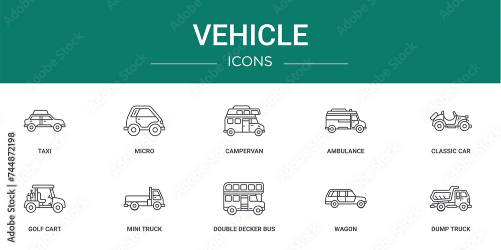 set of 10 outline web vehicle icons such as taxi, micro, campervan ...