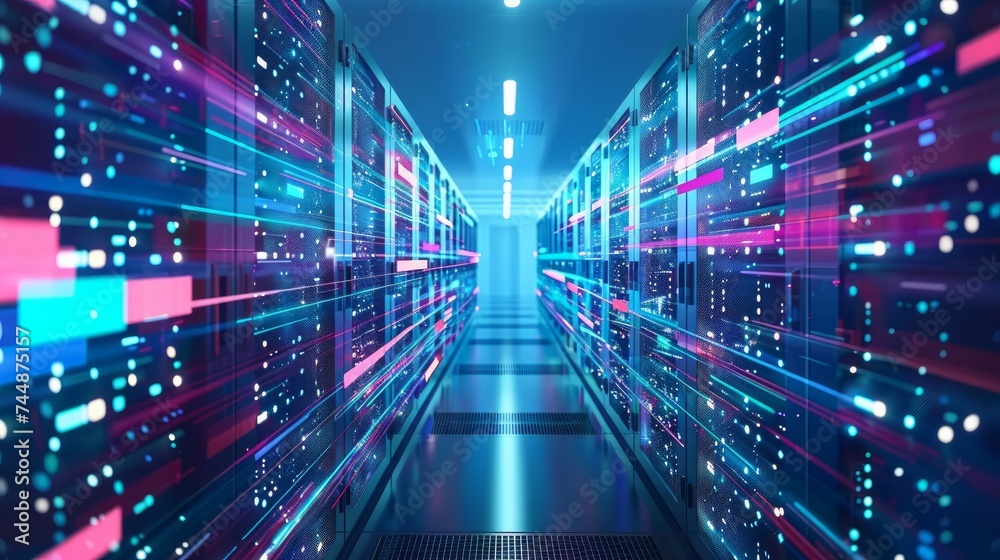 A 3D illustration of a server room with node-based programming and data design elements ...