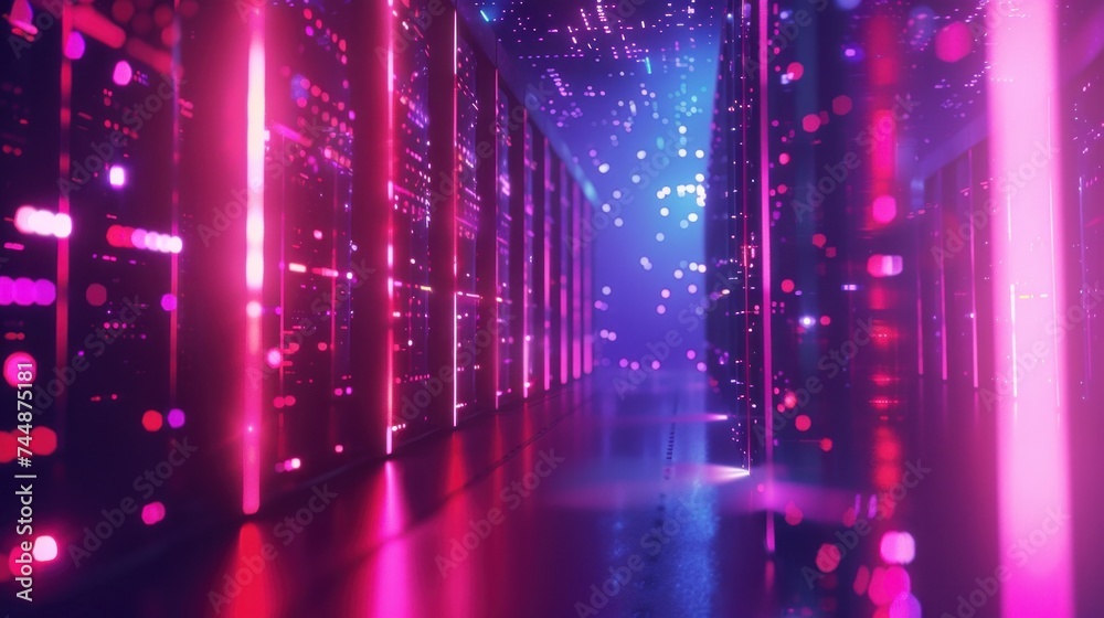 A 3D illustration of a server room with node-based programming and data design elements ...