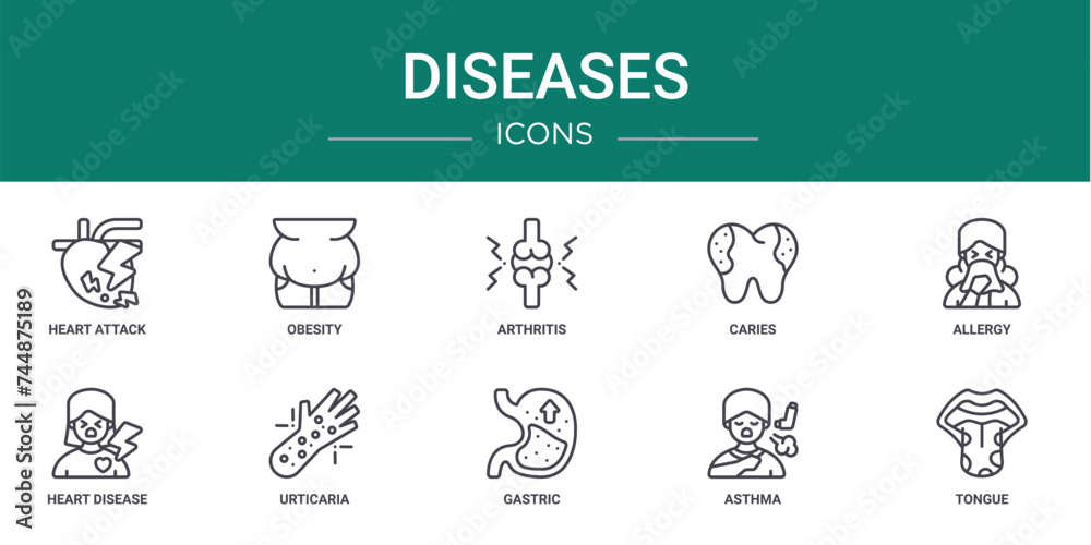 set of 10 outline web diseases icons such as heart attack, obesity ...