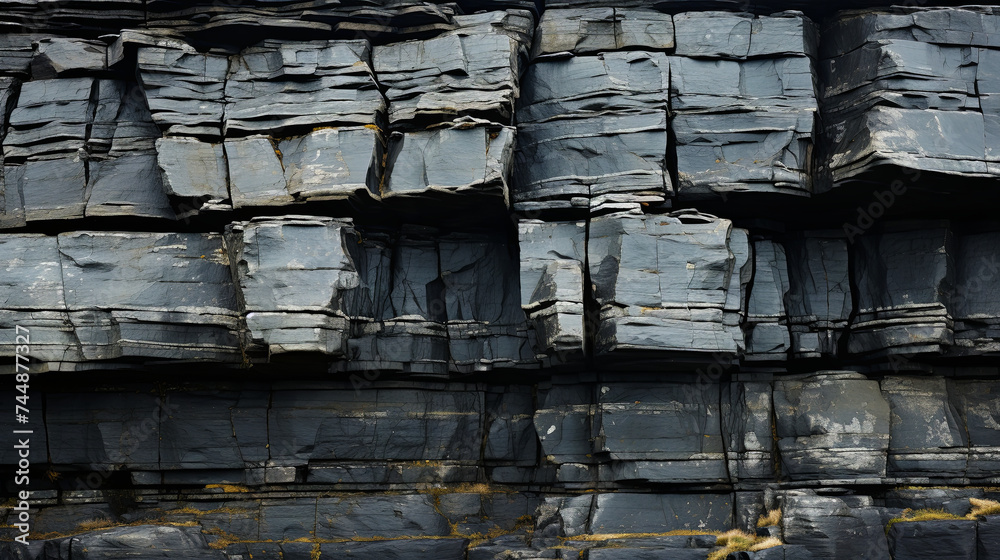 The rough, craggy texture of a cliff face, with layers of sedimentary ...