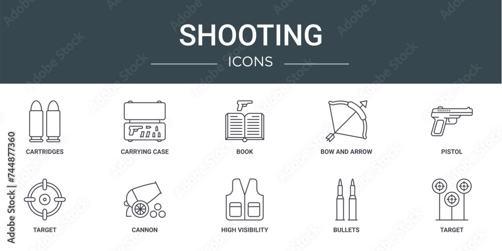 set of 10 outline web shooting icons such as cartridges, carrying case ...