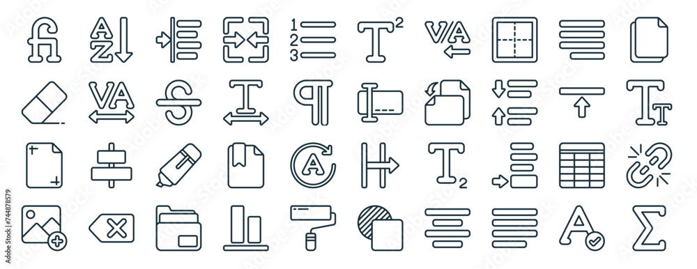 set of 40 outline web text editor icons such as letters, eraser, document, image, line, document ...