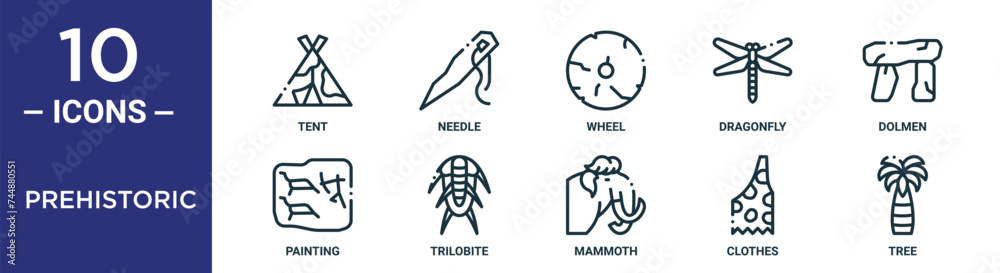 prehistoric outline icon set includes thin line tent, wheel, dolmen ...