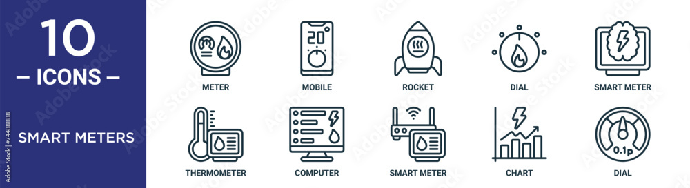 smart meters outline icon set includes thin line meter, rocket, smart meter, computer, chart ...