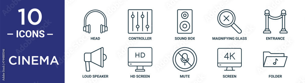 cinema outline icon set includes thin line head, sound box, entrance ...