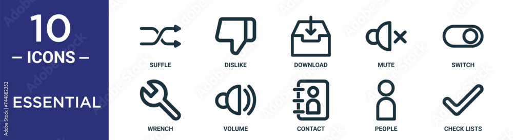 essential outline icon set includes thin line suffle, download, switch ...