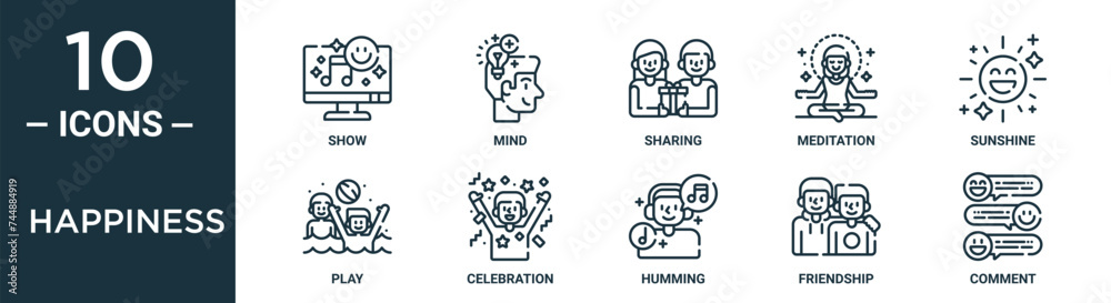 happiness outline icon set includes thin line show, sharing, sunshine ...