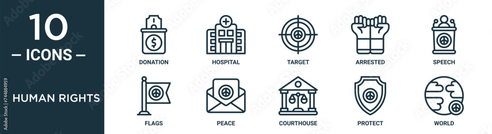 human rights outline icon set includes thin line donation, target ...