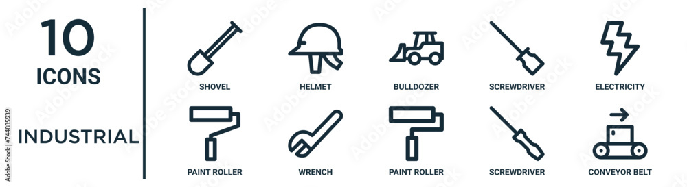 industrial outline icon set includes thin line shovel, bulldozer ...