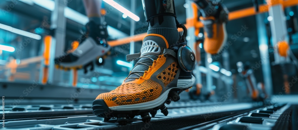 Close-up of a high-tech robotic prosthetic leg with orange and black ...