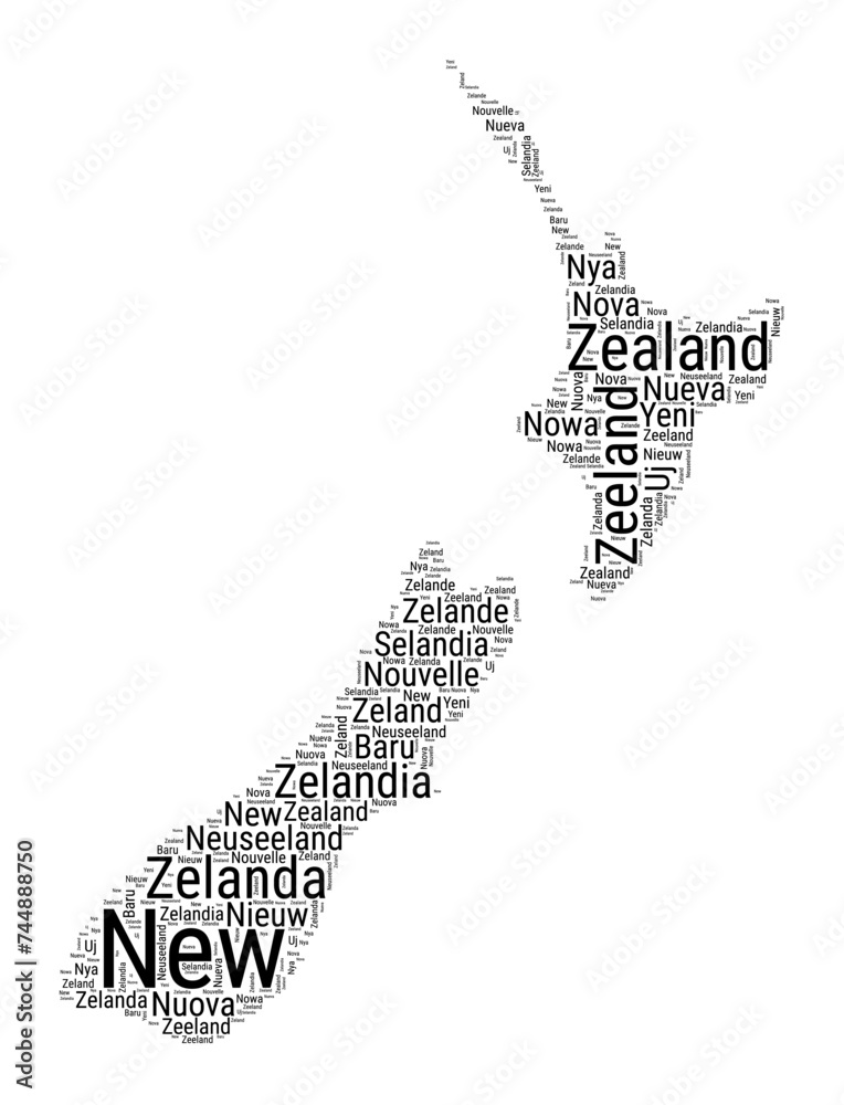 Black and white word cloud in New Zealand shape. Simple typography ...