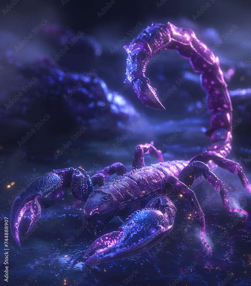 Scorpio zodiac sign with a stylized scorpion in purple and blue neon ...