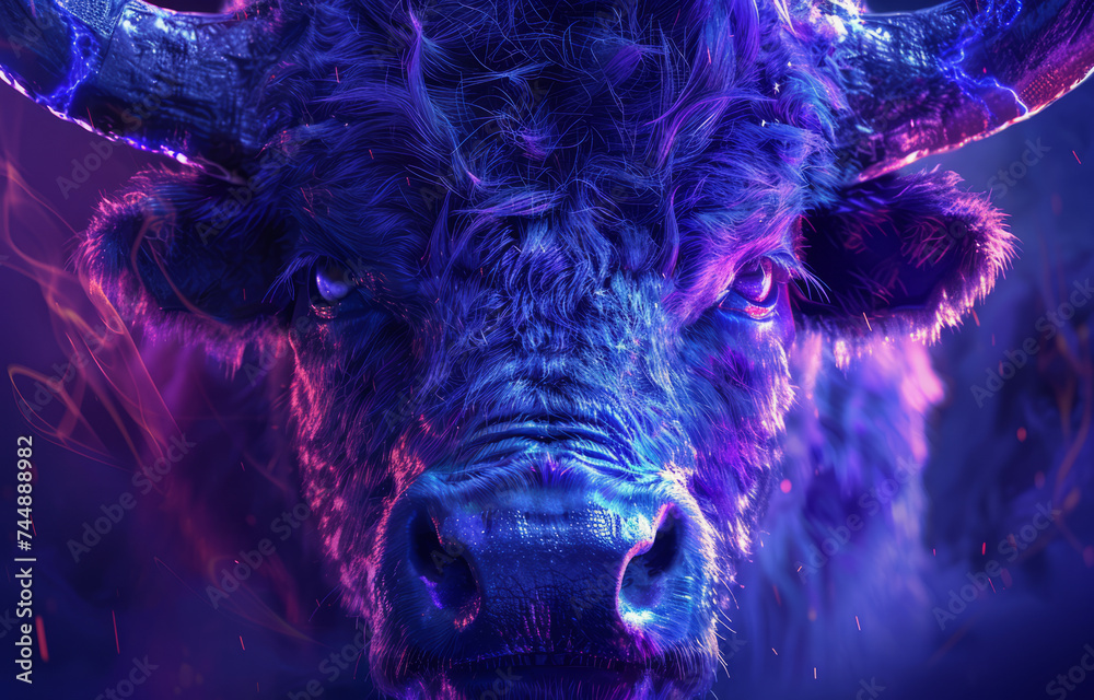 Zodiac sign Taurus with a stylized bull's head in purple and blue neon ...