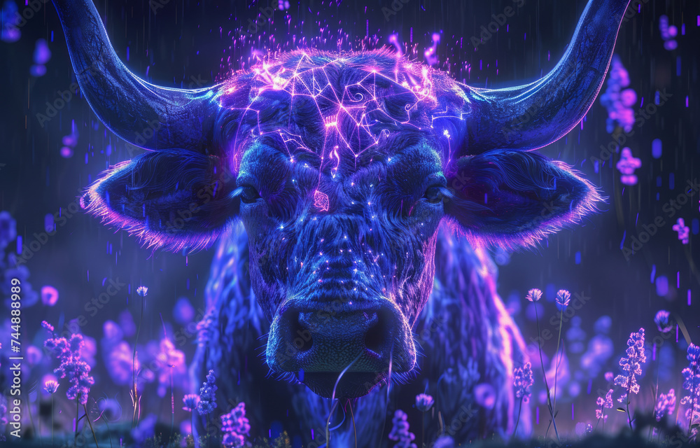 Zodiac sign Taurus with a stylized bull's head in purple and blue neon ...