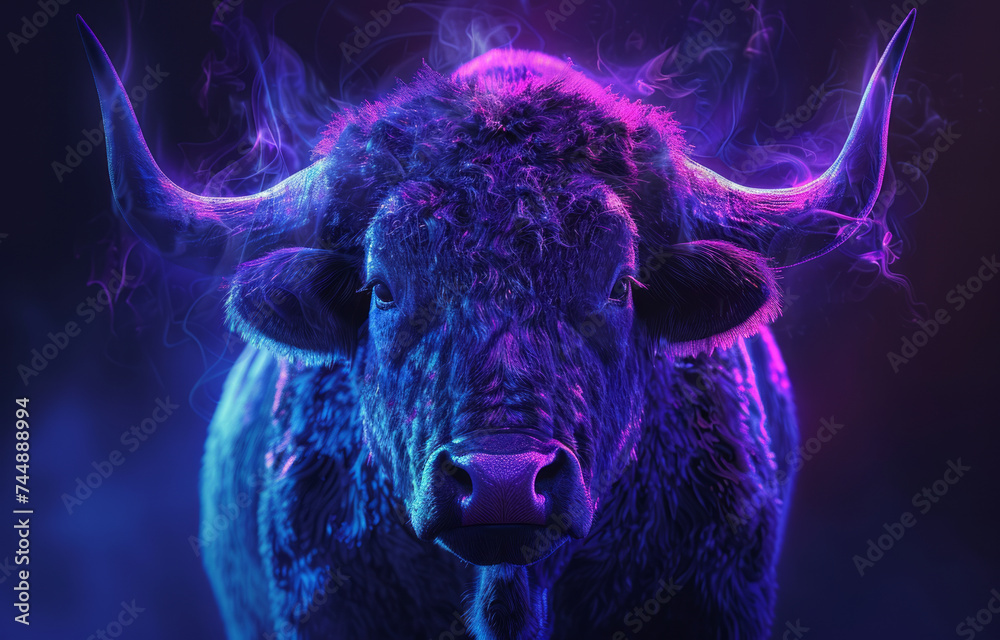 Zodiac sign Taurus with a stylized bull's head in purple and blue neon ...