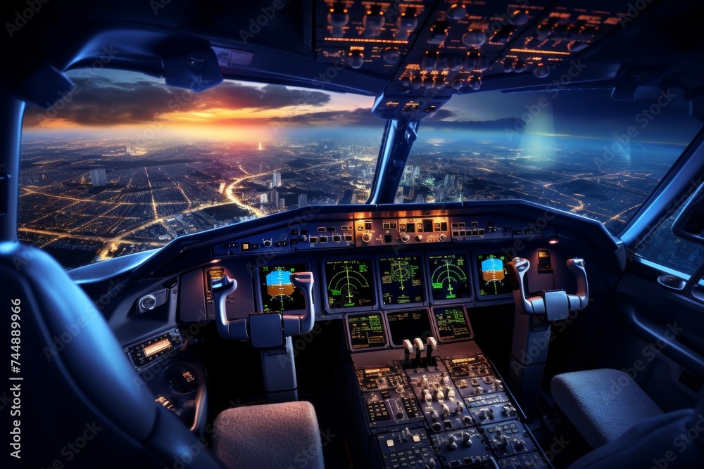 Pilot navigating through a mesmerizing cityscape at night from the illuminated cockpit of an ...