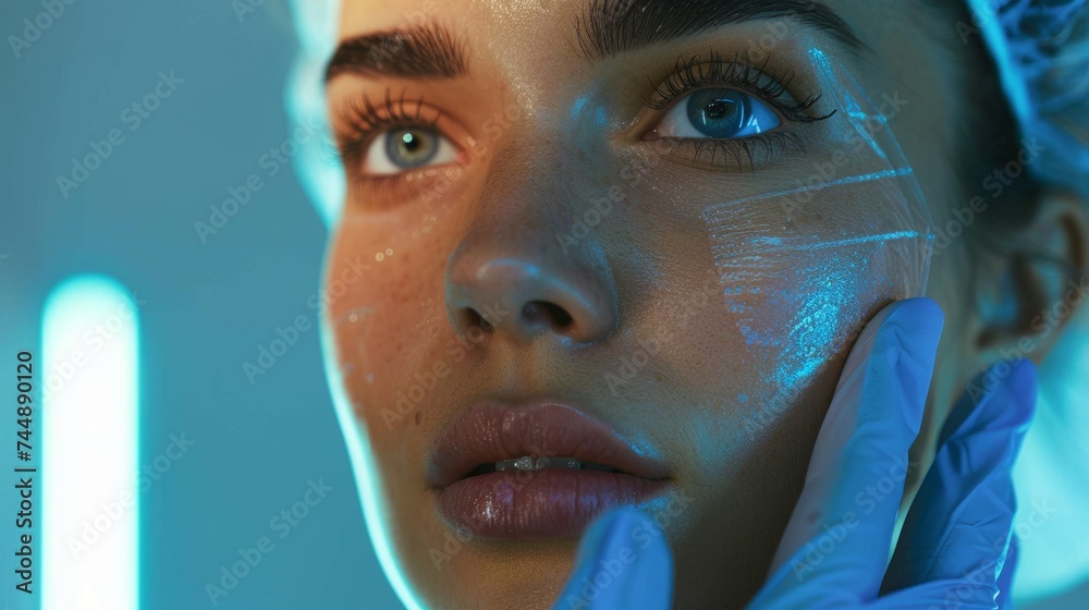 plastic surgery, beauty, Surgeon or beautician touching woman face ...