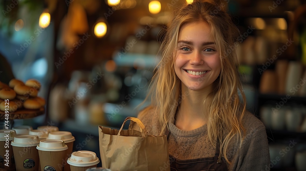 Generative AI : Barista in apron and face mask standing behind counter ...