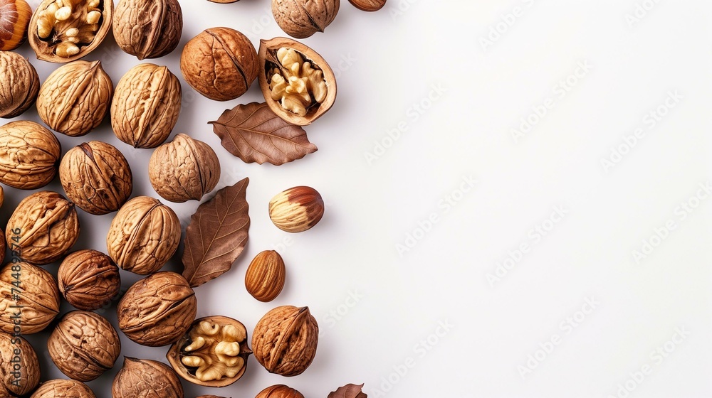 Fresh Assorted Nuts and Leaves on White Background for Healthy Eating ...