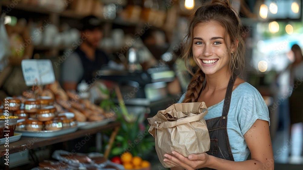 Generative AI : Barista in apron and face mask standing behind counter ...