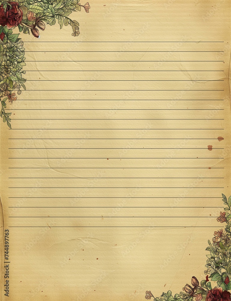 Vintage Floral Border on Lined Paper Background for Elegant Writing and ...
