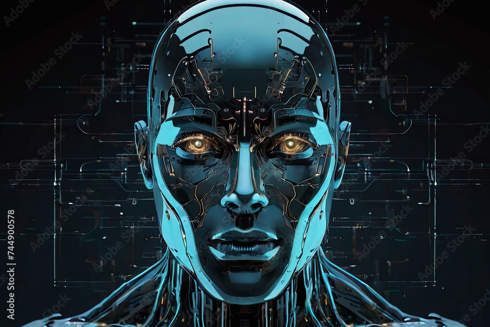 Discover an abstract digital cyborg face, embodying artificial ...