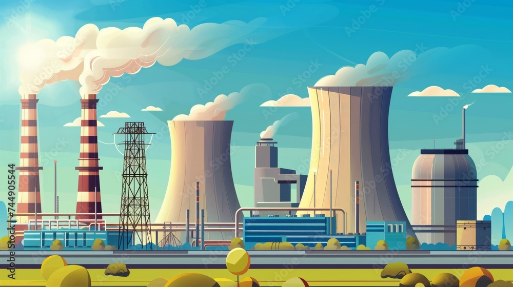 Colorful Cartoon Industrial Power Plant Emitting Smoke: Environmental ...