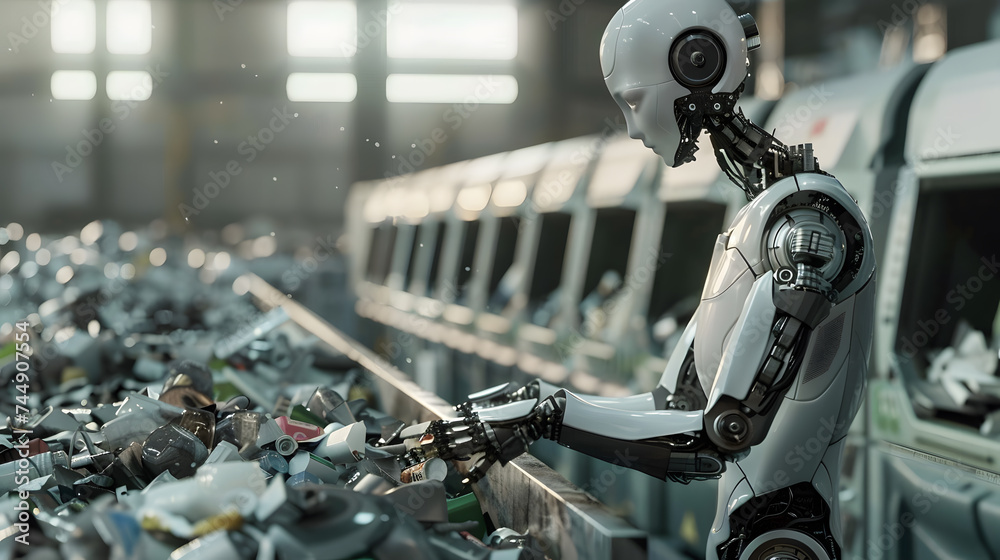 The subject is a robot sorting waste in a recycling facility. The robot a humanoid robot. The ...