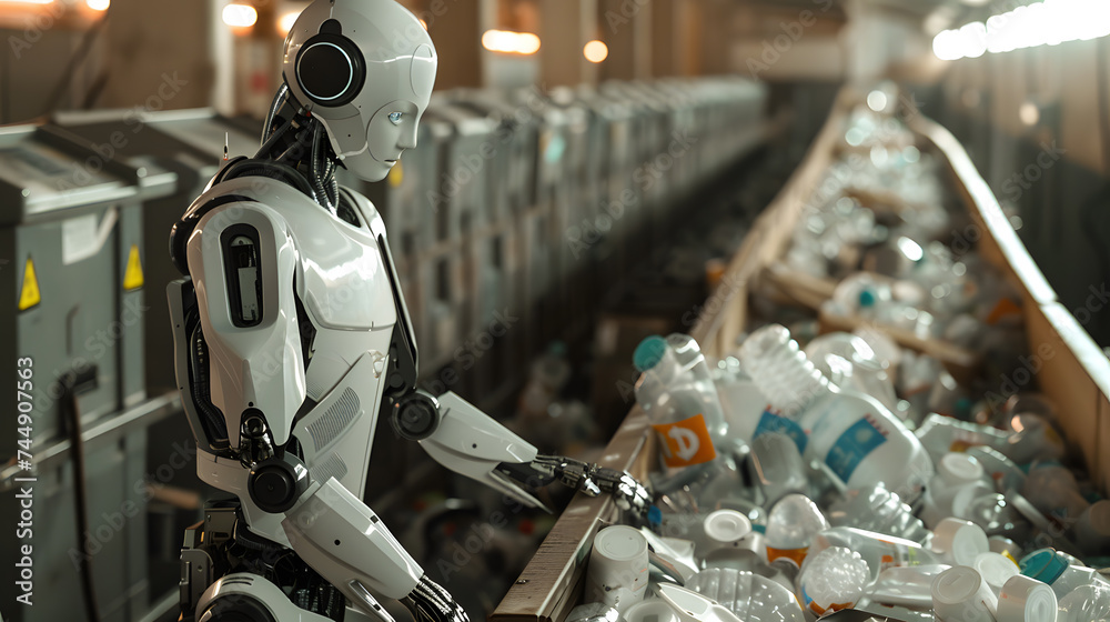 The subject is a robot sorting waste in a recycling facility. The robot a humanoid robot. The ...