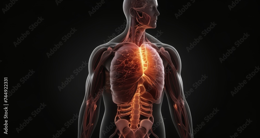 Human anatomy in 3D, highlighting the internal organs and skeletal ...