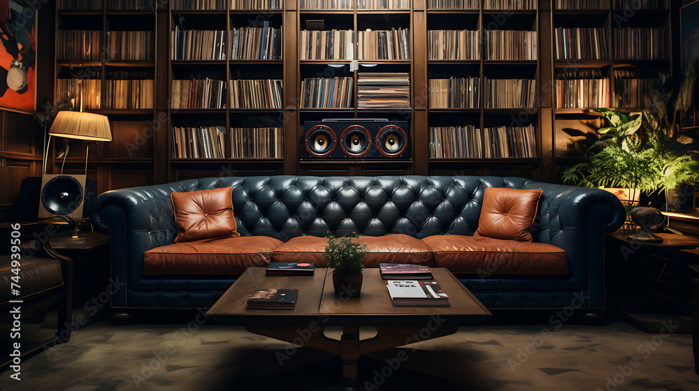 A vintage-inspired den with a tufted leather sofa set, dark wood ...