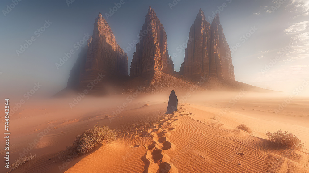 cracked lines of sand and clay leading into jagged desert rock spires ...
