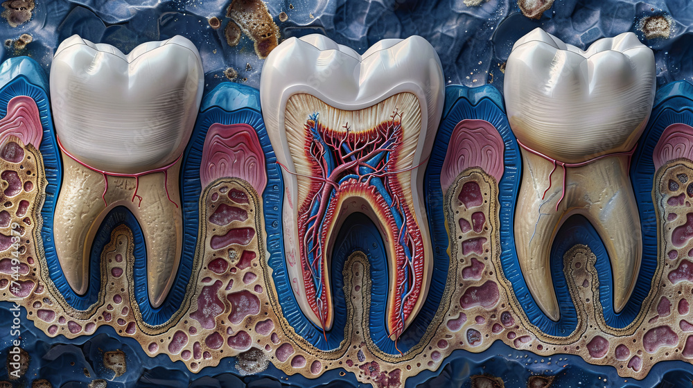 Cross section of a healthy human tooth and surrounding gums ...
