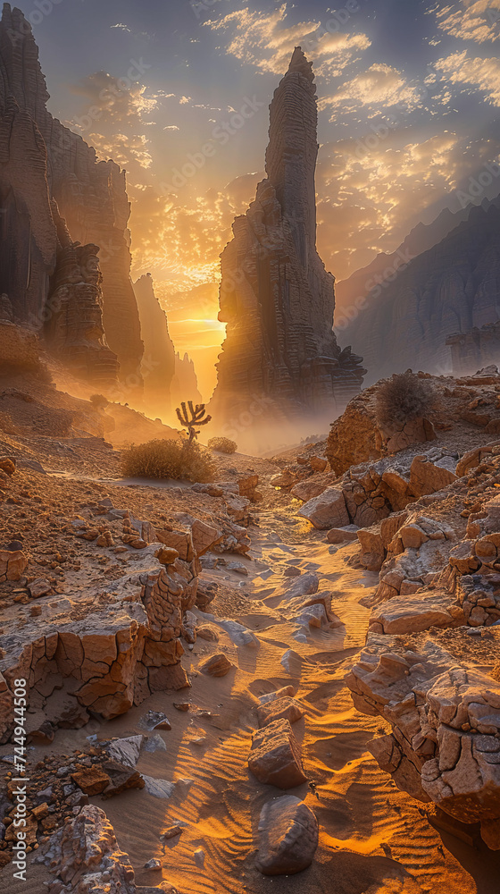 cracked lines of sand and clay leading into jagged desert rock spires ...