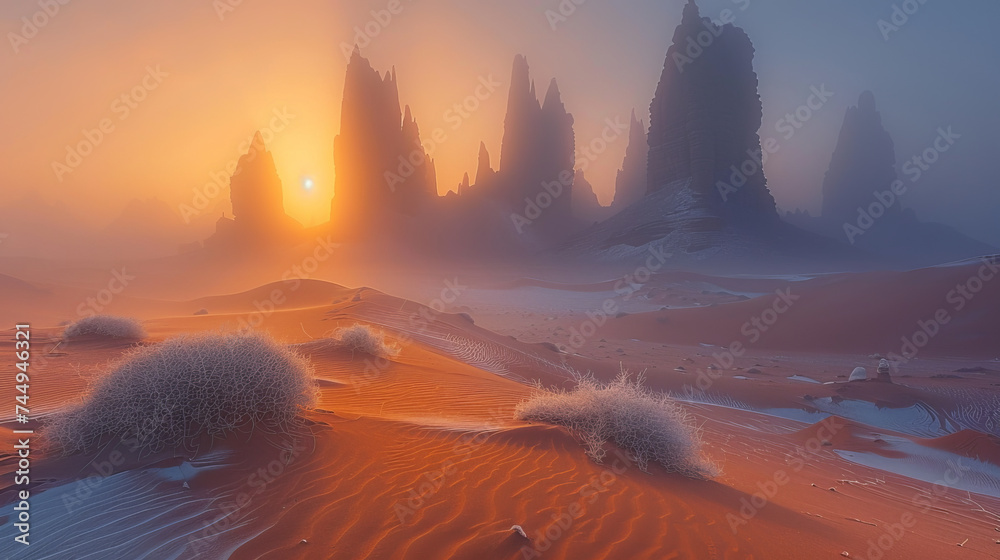 cracked lines of sand and clay leading into jagged desert rock spires ...