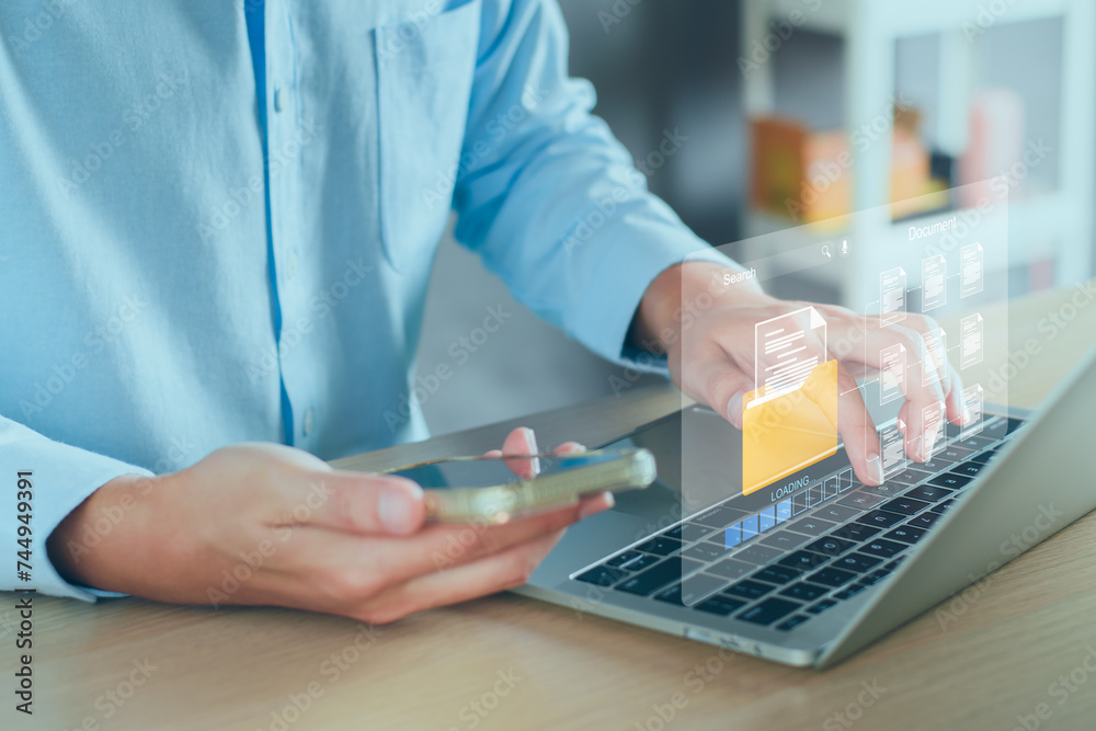 Document management system concept. Businessman manage digital business ...