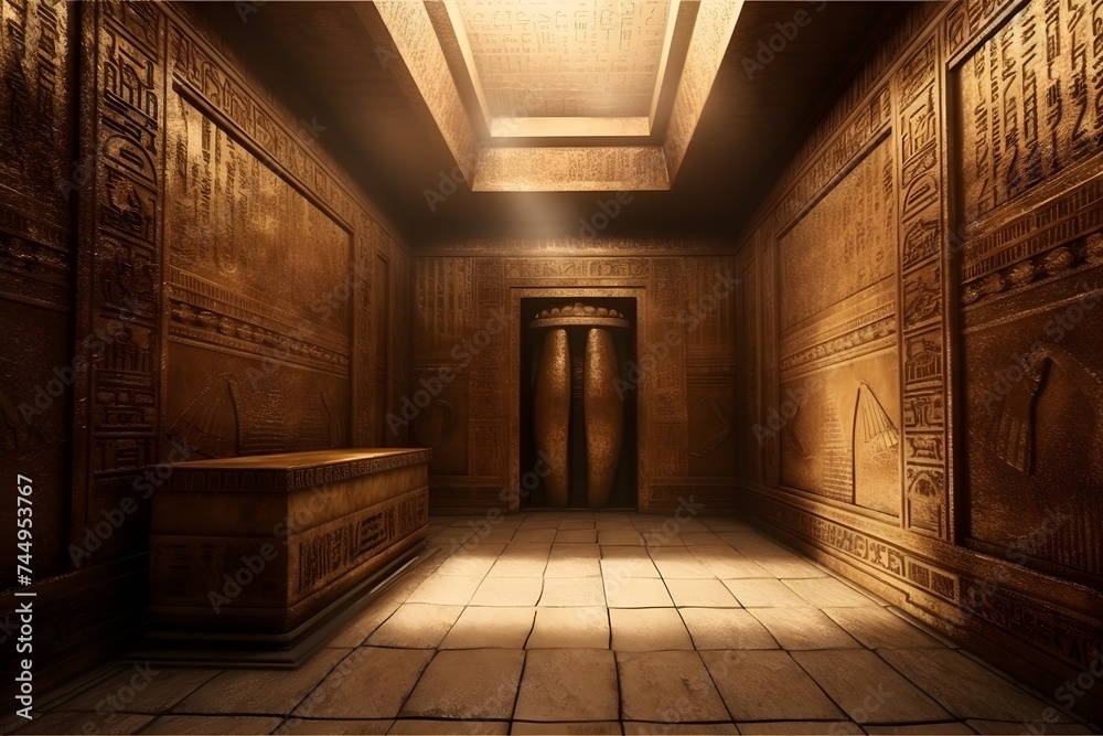 A hidden chamber with hieroglyphics on the walls inside an Egyptian ...