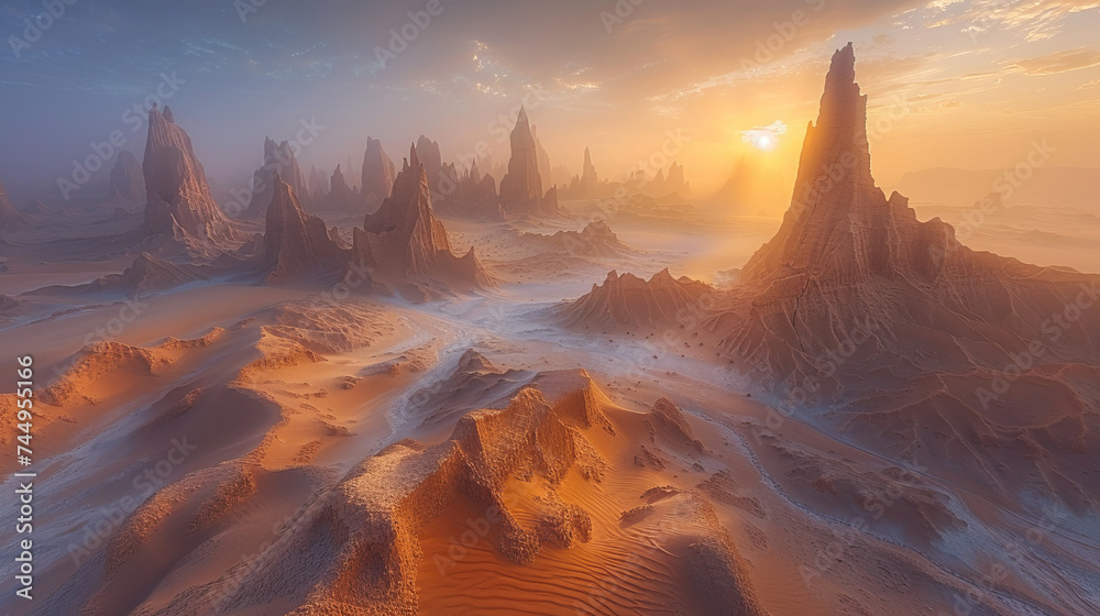 cracked lines of sand and clay leading into jagged desert rock spires ...